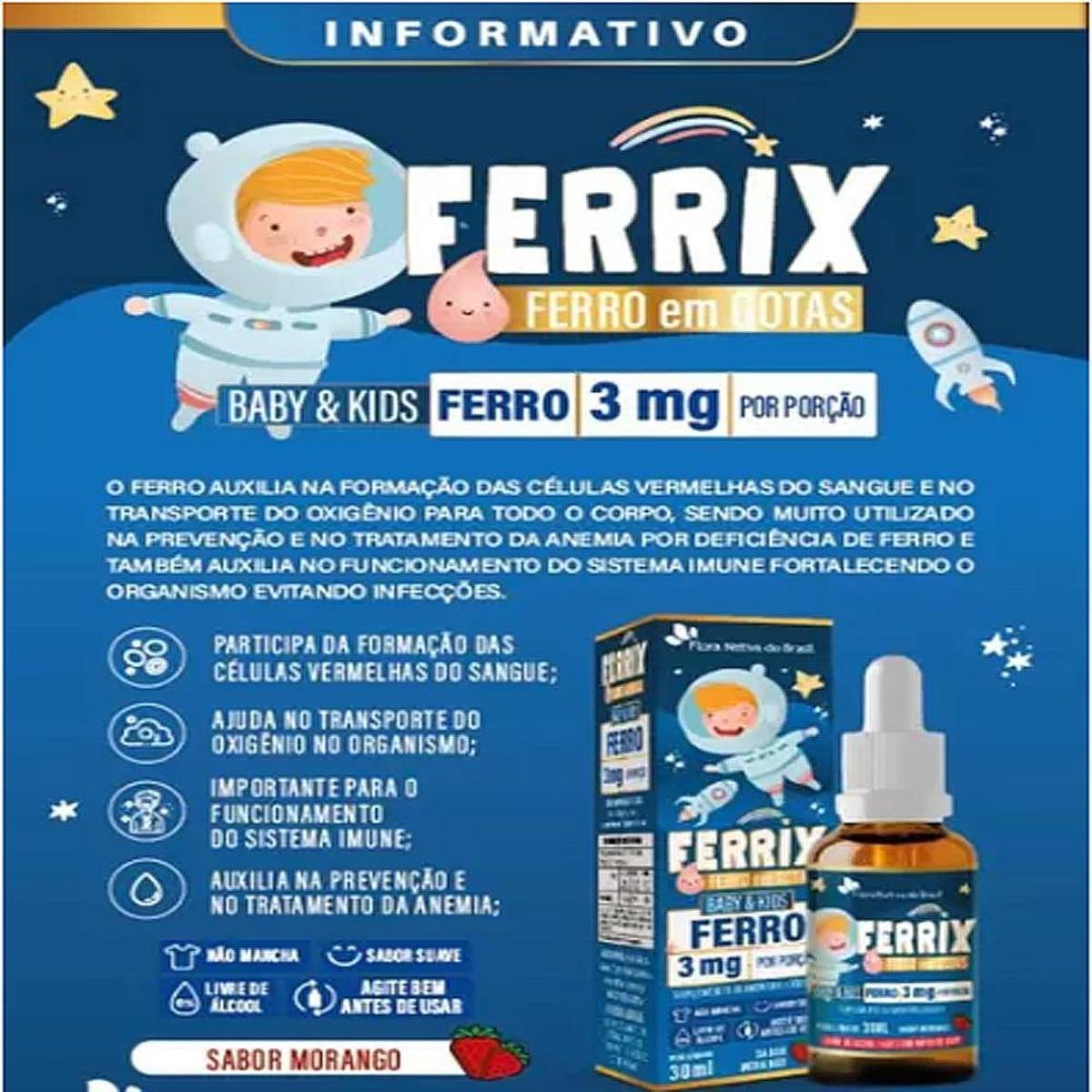 3x Ferrix Ferro Para Crianças 3mg em Gotas 30ml Sabor Morango - Branco ...