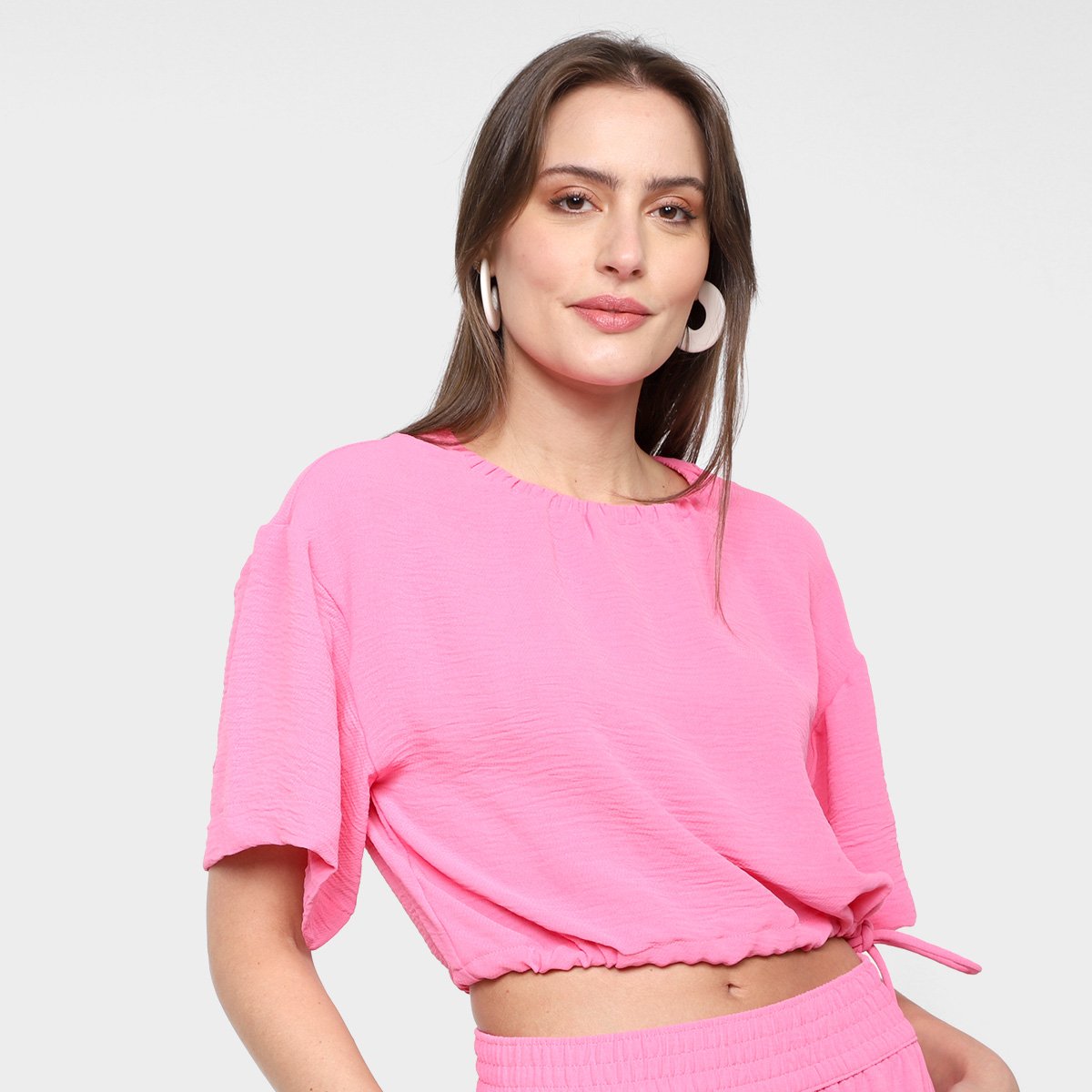 Blusa Cropped Morena Rosa Manga Ampla Amarração Feminina - Rosa | Netshoes