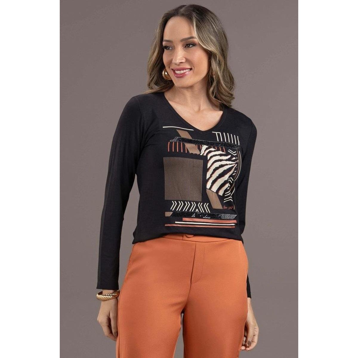 Blusa Manga Longa Estampada "lucia" Plus Size - Preto | Netshoes