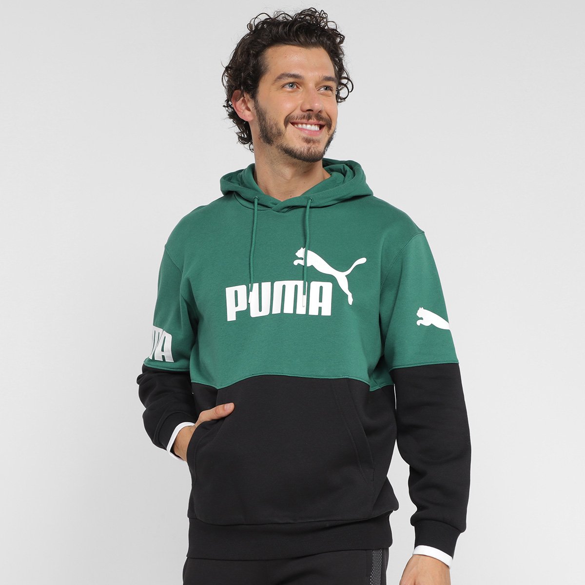 Blusa Puma Power ColorBlock com Capuz Masculina - Verde | Netshoes