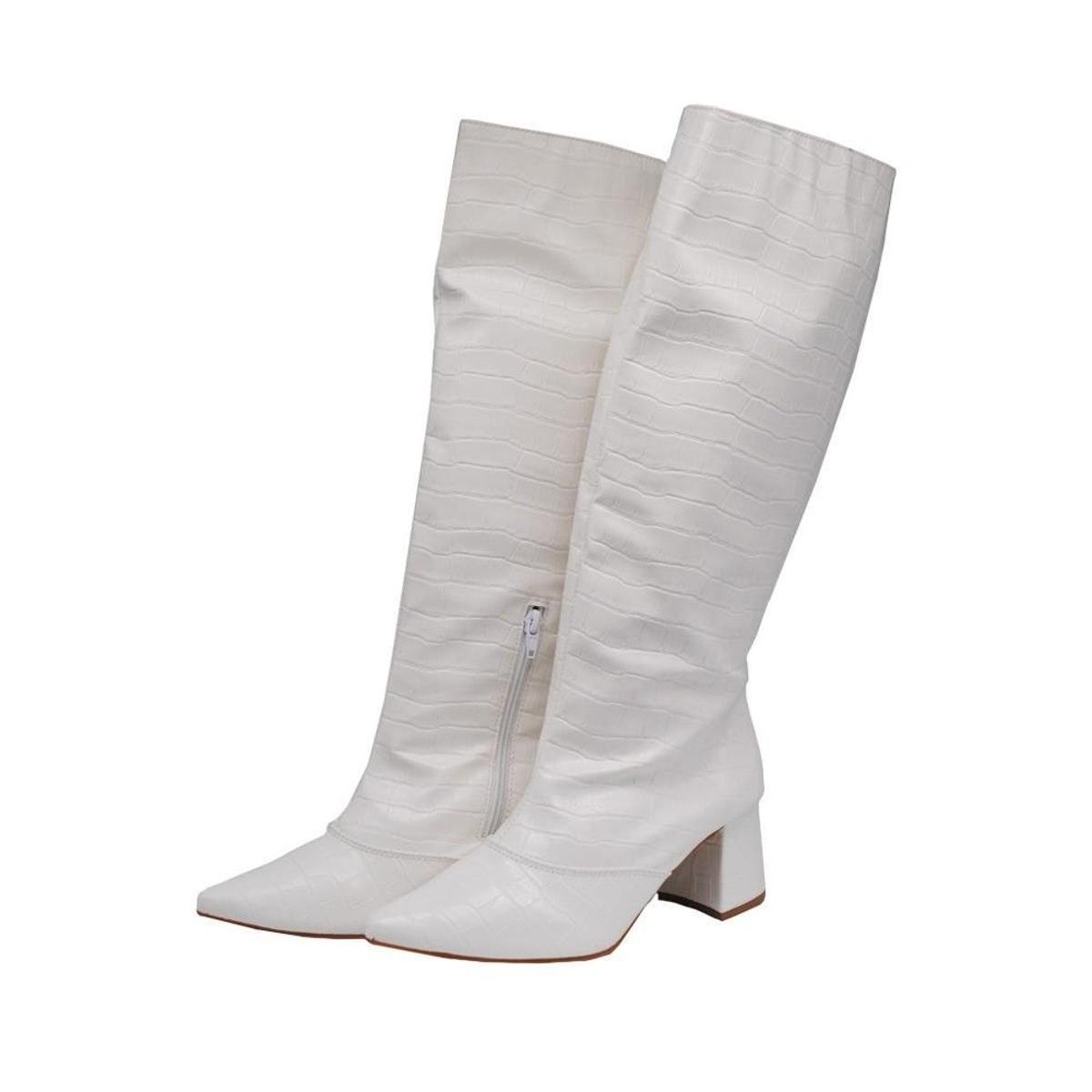 Bota Cano Longo Feminina Salto Pequeno Grosso em Croco - Branco | Netshoes