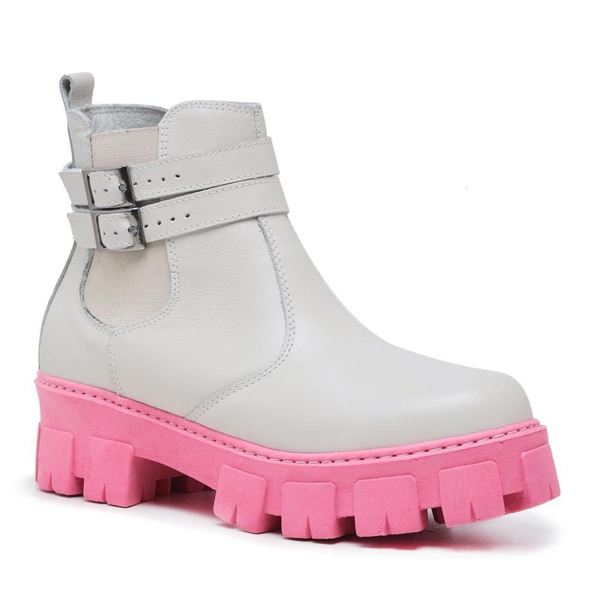 Bota Coturno Cano Curto em Couro Feminino Zíper Lateral e Detalhe em ...