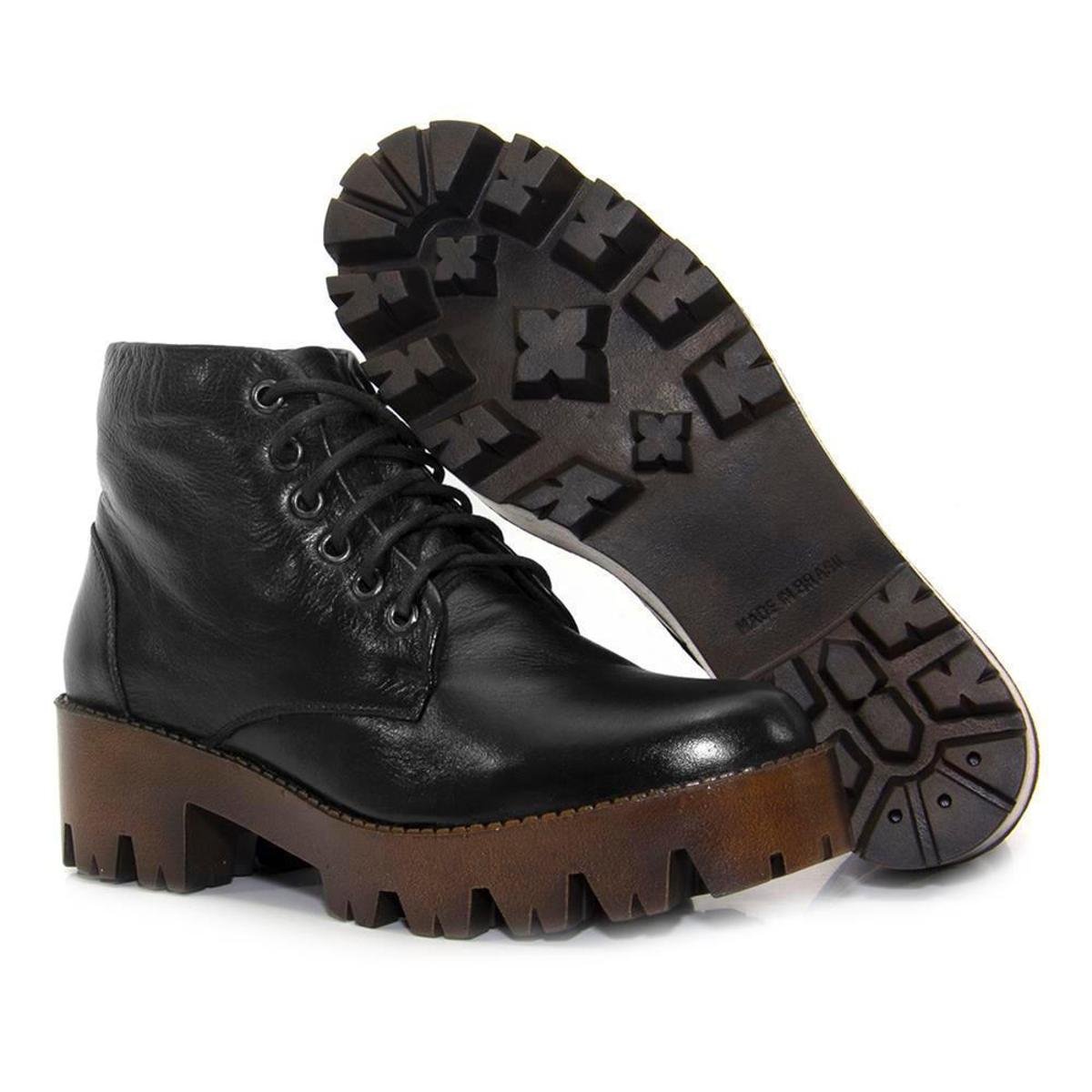Bota Coturno Feminina de Couro Cano Curto com Sola Alta Tratorada e ...