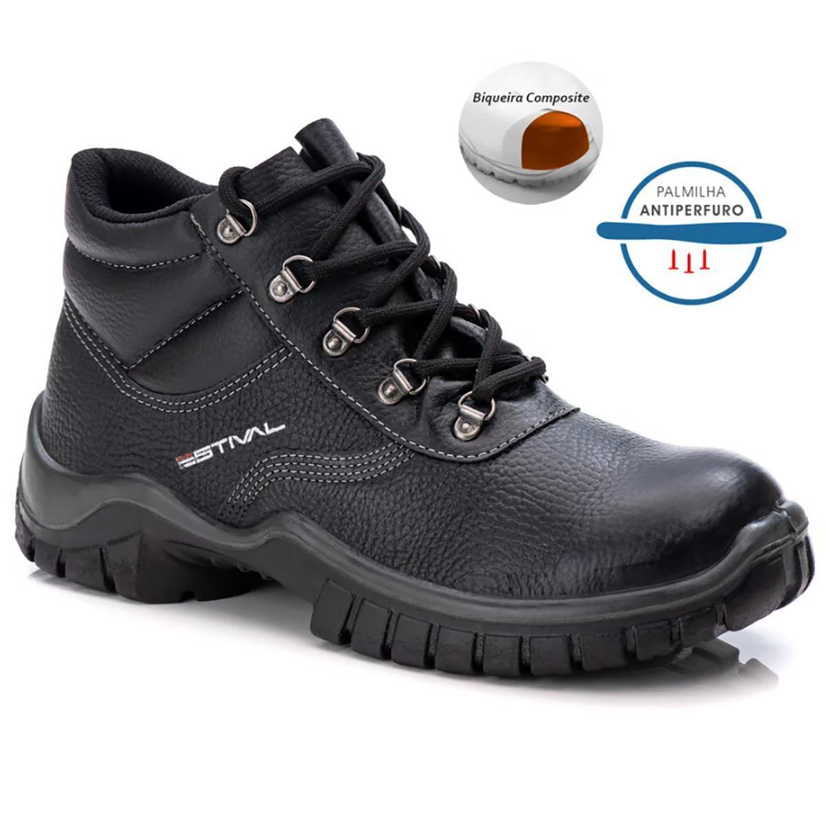 Bota de Segurança Estival Couro Bico PVC Masculina - Preto - 43 - Preto ...