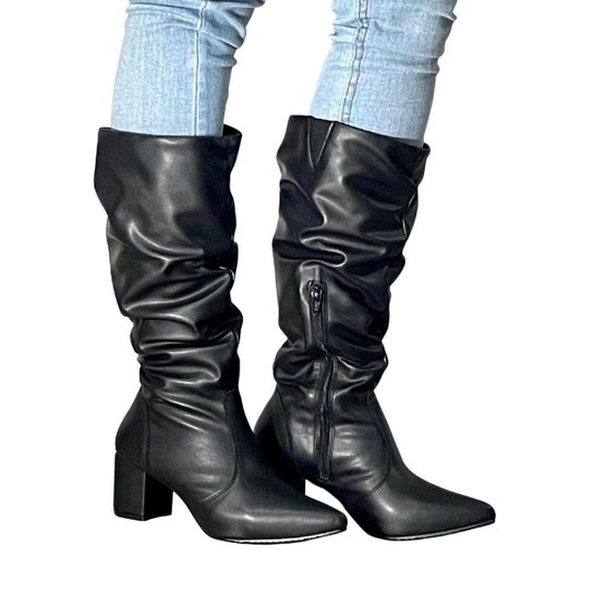 Bota Feminina Cano Longo Enrugado Salto Grosso Napa Lirom Preta - Preto | Netshoes