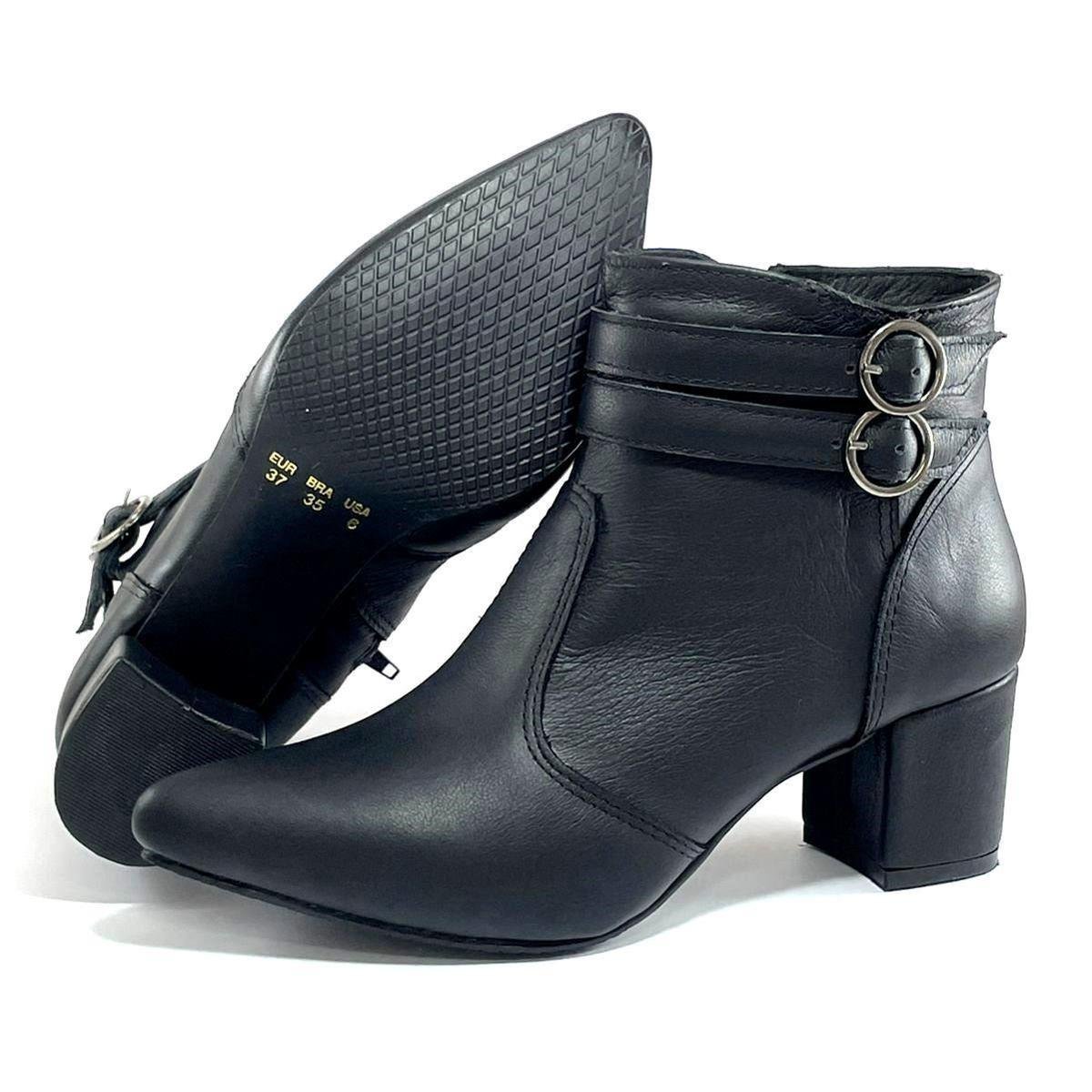 Botas Femininas Lirom Couro Legitimo Preta Com Fivela Luxo - Preto | Netshoes