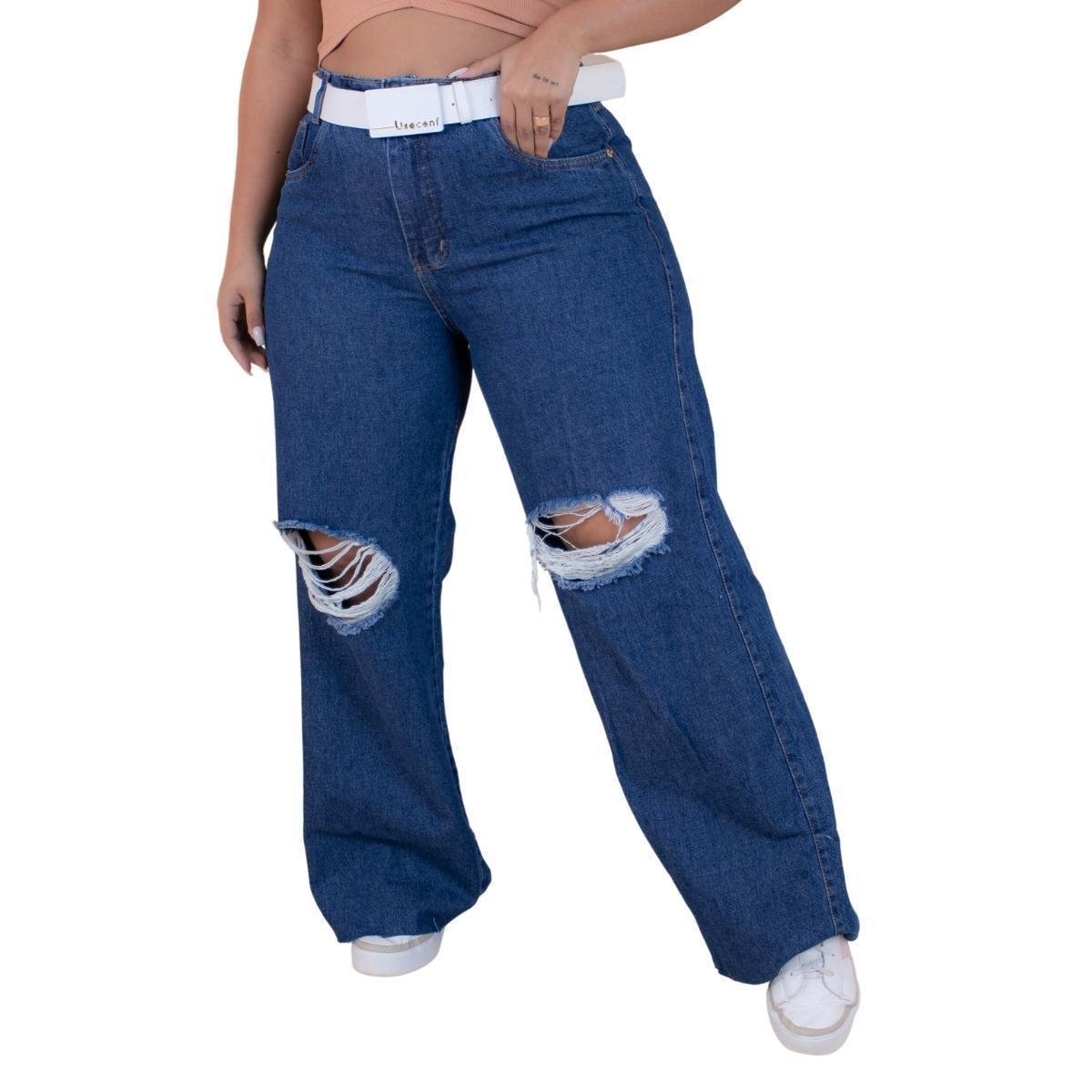 Calça Wide Leg Plus Size Rasgada no Joelho Com Cinto Branco - Azul ...