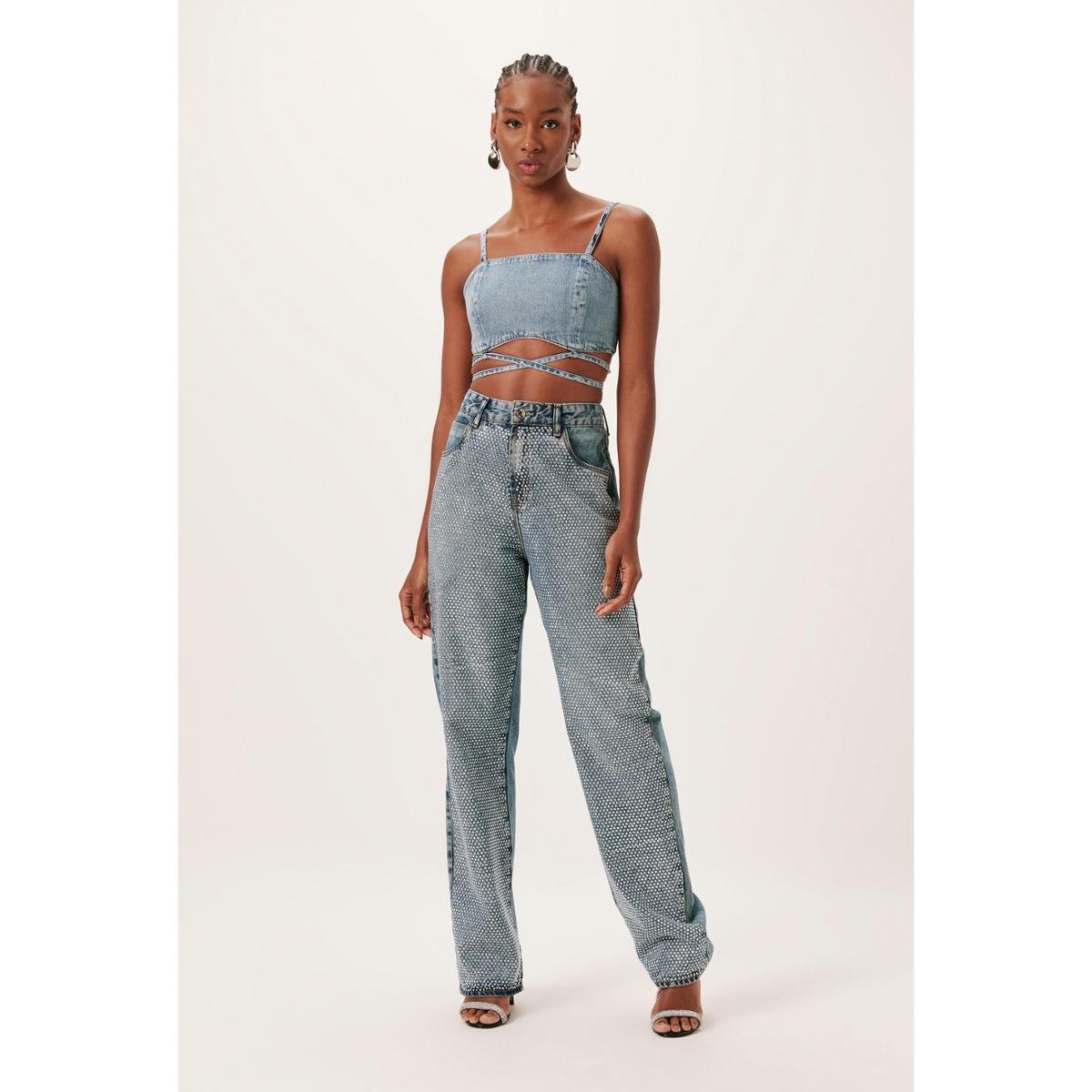 CALÇA ZENDAYA CINTURA BAIXA COM HOTFIX CONFORME AMOSTRA - Azul | Netshoes