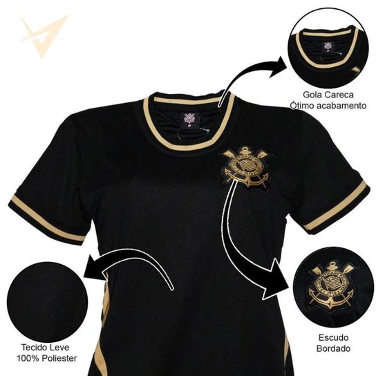 Camisa Corinthians Baby Look Bordado Gold Feminina Oficial - Preto ...