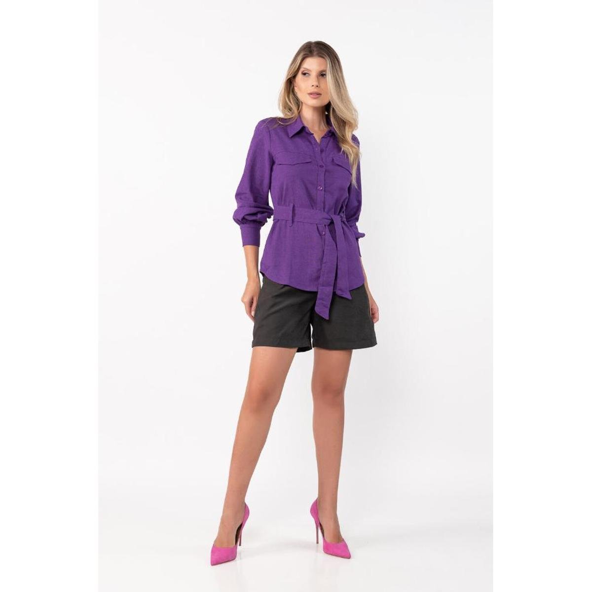 Camisa em linho gola classica manga bufante - Roxo | Netshoes