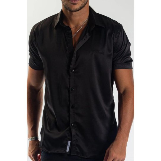 Camisa Masculina Per Pochi Cetim M/C Gola Italiana - Preto | Netshoes