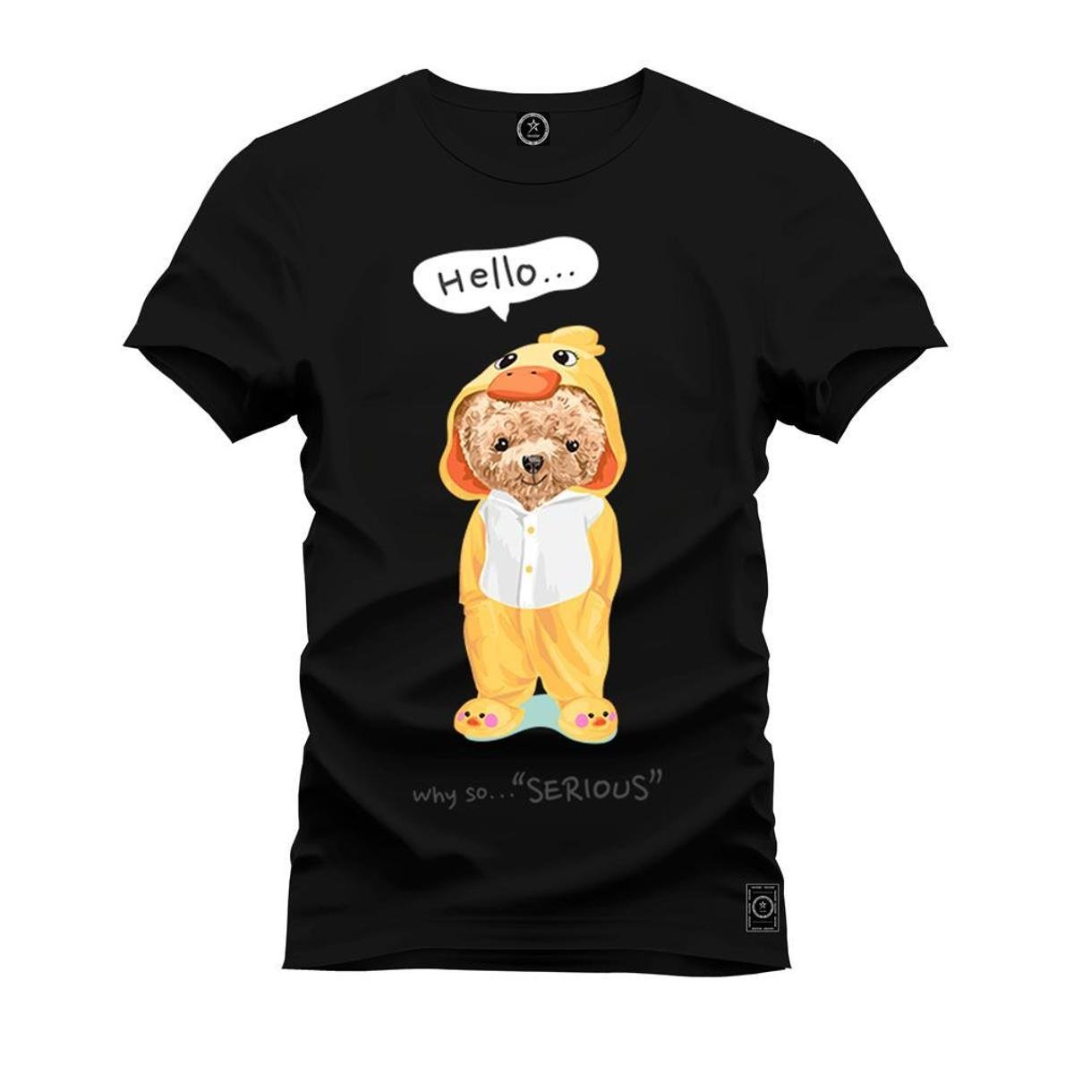 Camiseta Algodão Unissex Plus Size Urso Hello - Preto | Netshoes