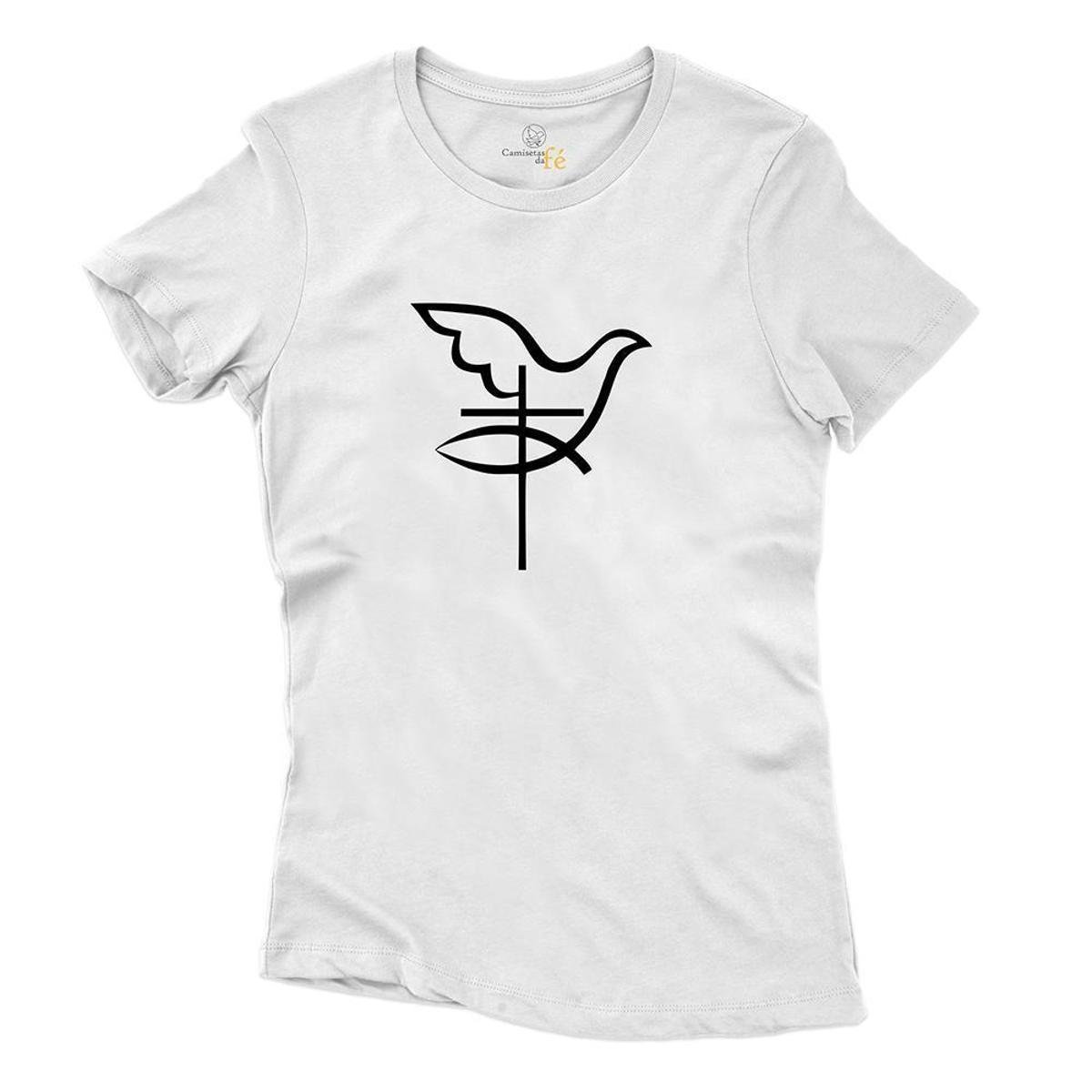 Camiseta Feminina Algodao Estampa Pomba da Paz Cruz Gola Redonda Basica ...