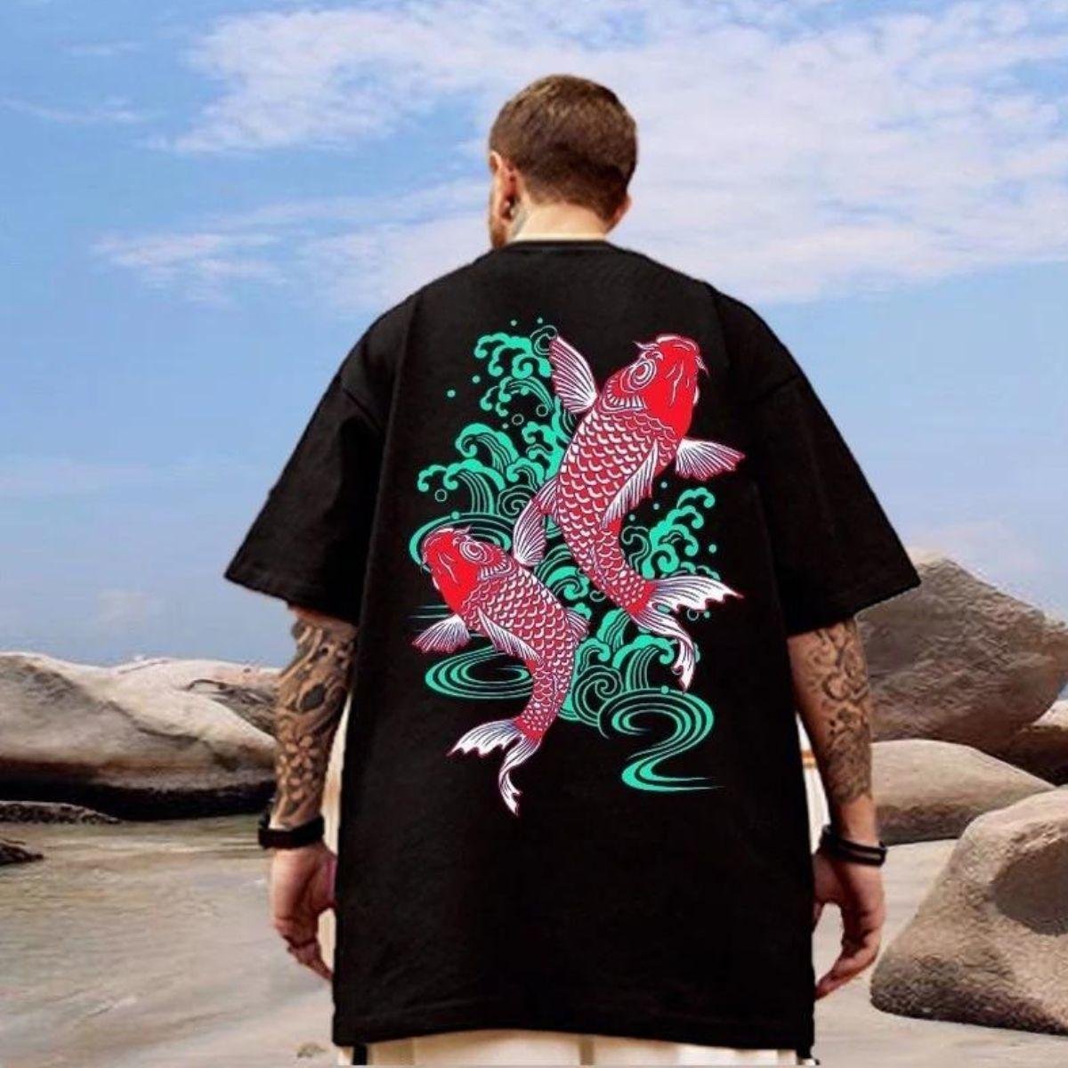 Camiseta Oversized Camisão Algodão Streetwere Carpa Estilo Coreano ...