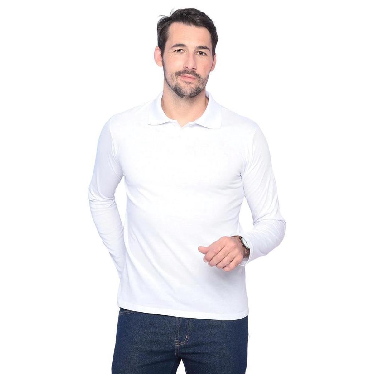 Camiseta Polo Masculina Algodão Maga Longa Básica Dia a Dia - Branco ...