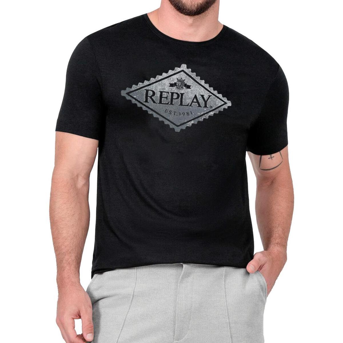 Camiseta Replay Masculina Label Grunge Logo Preta - Preto | Netshoes