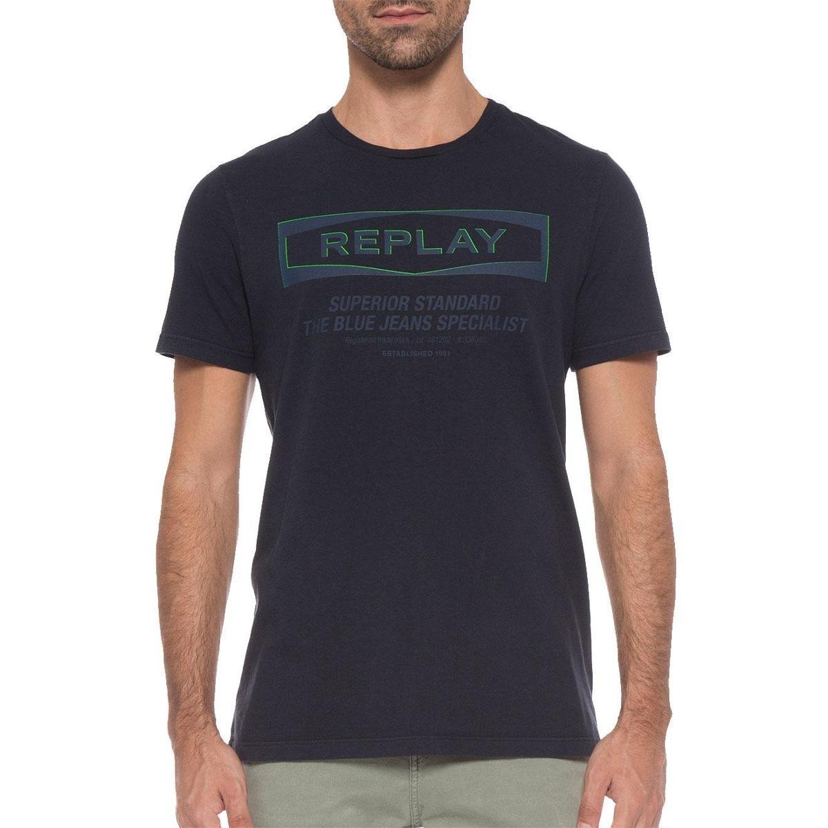 Camiseta Replay Masculina Logo Label Superior Standart Azul Marinho - Marinho | Netshoes