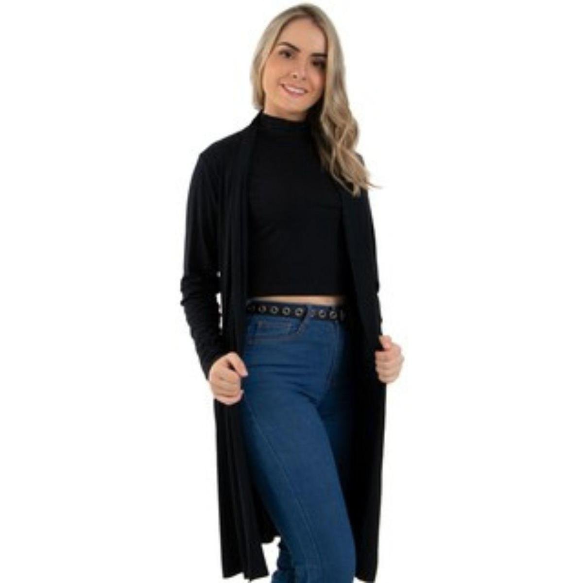 Cardigan Kimono Liso Longo Viscolycra - Preto | Netshoes