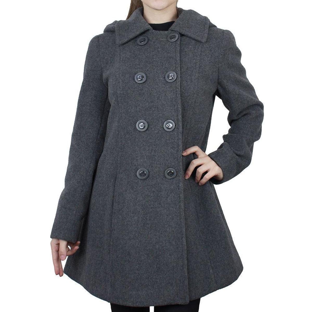 Casaco Feminino Peleteria Cordeiro Lã Capuz Removivel Cinza Mescla ...