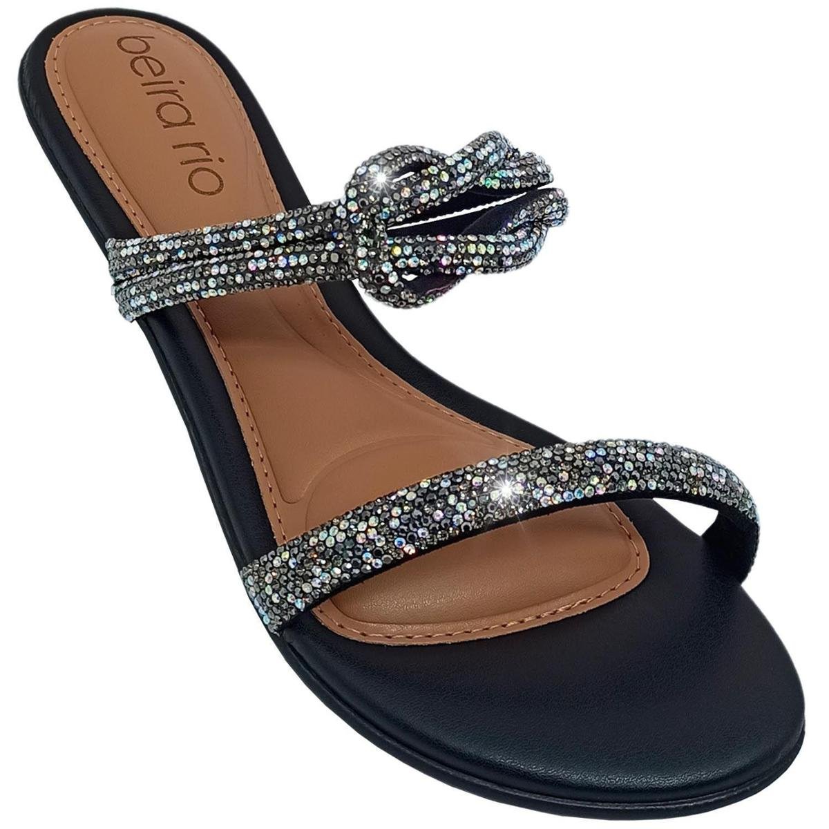 Chinelo Beira Rio Rasteirinha Tiras Brilho Glam Feminino - Preto | Netshoes