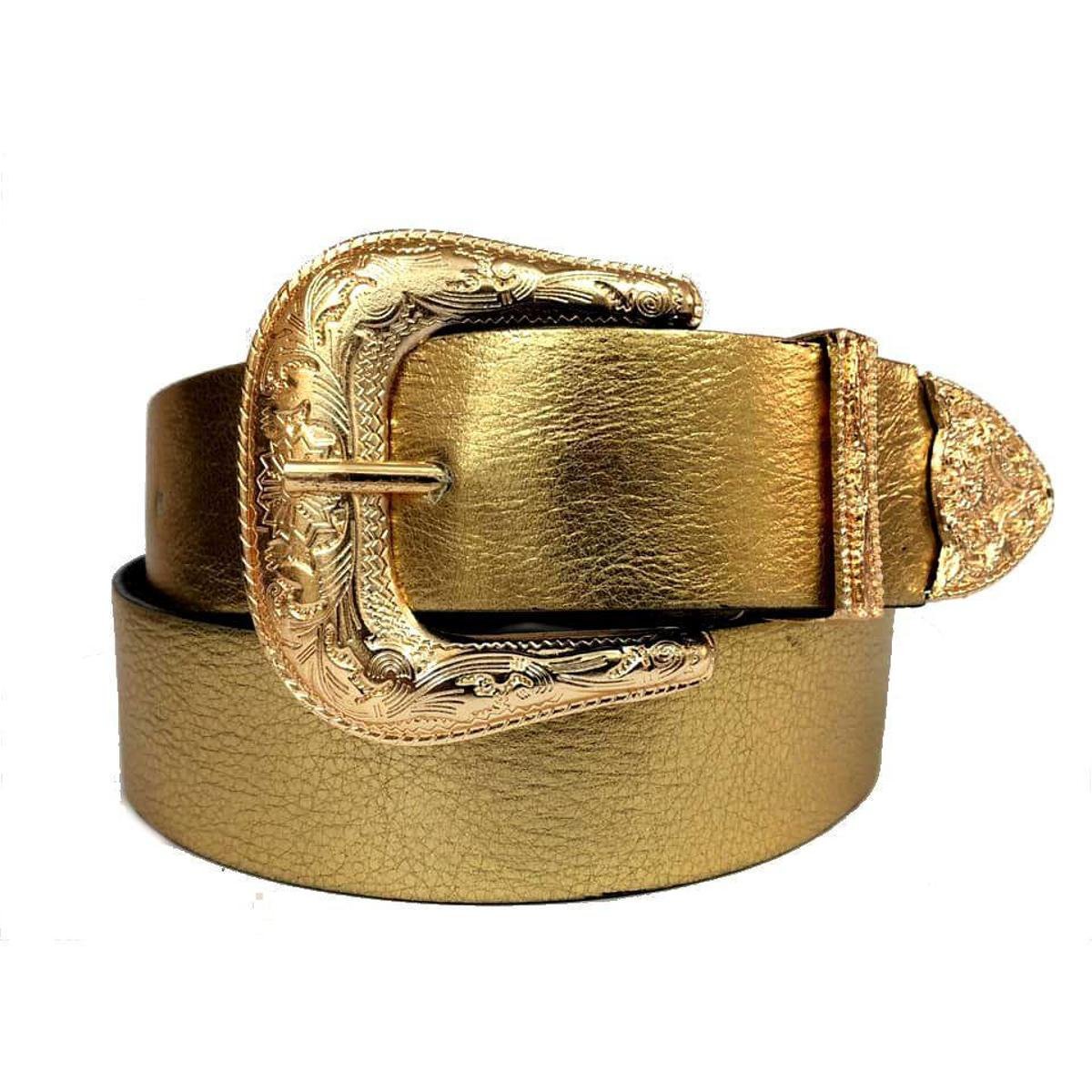 Cinto de Couro Dourado Metalizado com Uma Fivela e Ponteira Dourada ...
