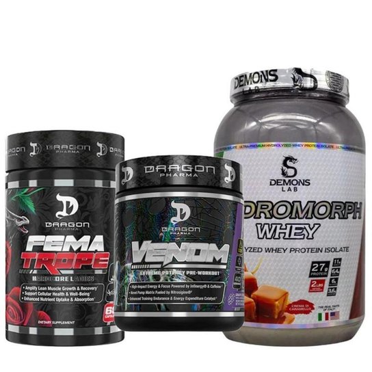 combo suplemento fematrope + pré-treino venom dragon + hydromorph whey 900g demons lab | Netshoes