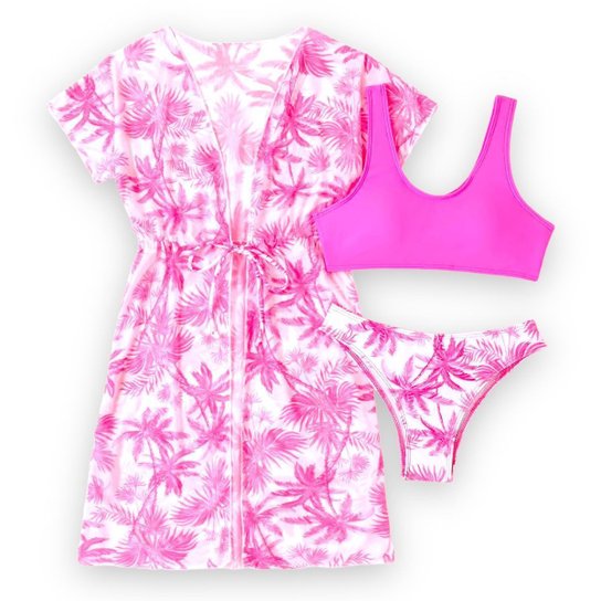 Conjunto Biquíni Juvenil 3 Peças Moda Praia Piscina C/ Saida - Rosa ...