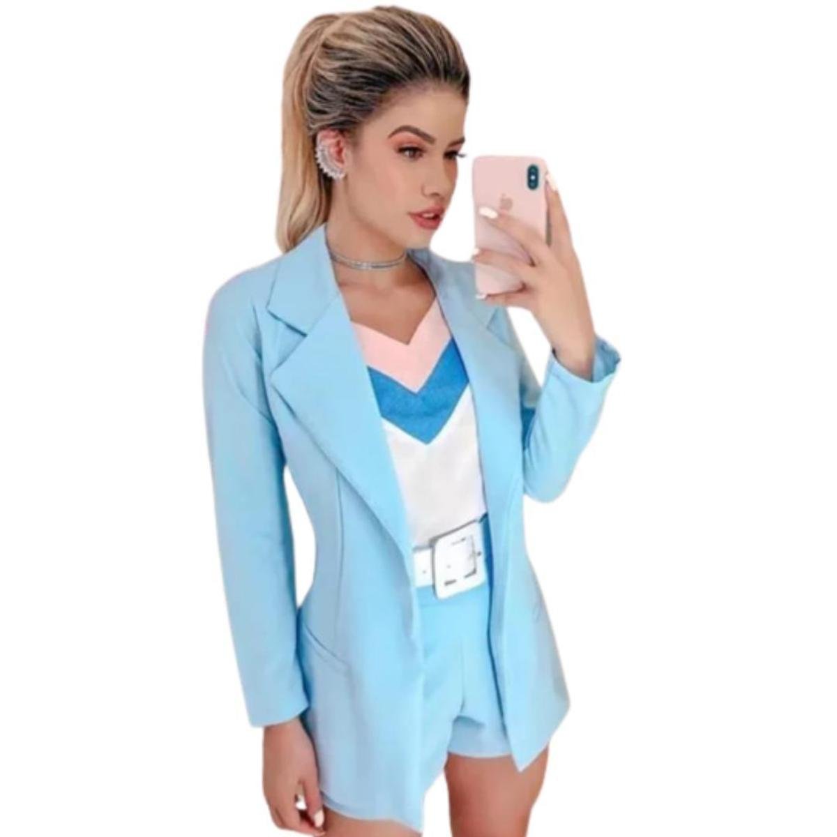 Conjunto Sofia Blazer Longo Alfaiataria E Short Curto - Azul | Netshoes
