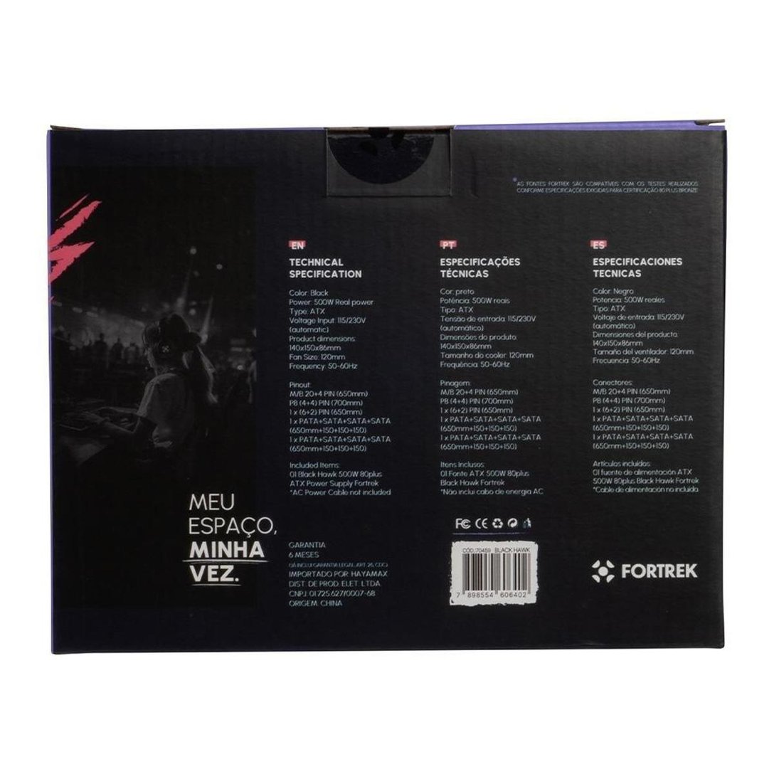 Fonte Fortrek Black Hawk, 500W, 80 Plus Bronze, PFC Ativo, Sem Cabo ...