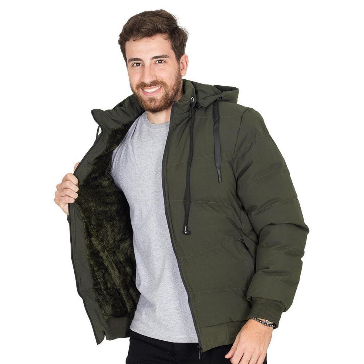 Jaqueta Bobojaco Peluciada Masculina Capuz Removível Bolsos - Verde | Netshoes