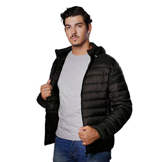 Jaqueta Puffer Casaco Gomo Acolchoado e Touca Removível - Preto | Netshoes