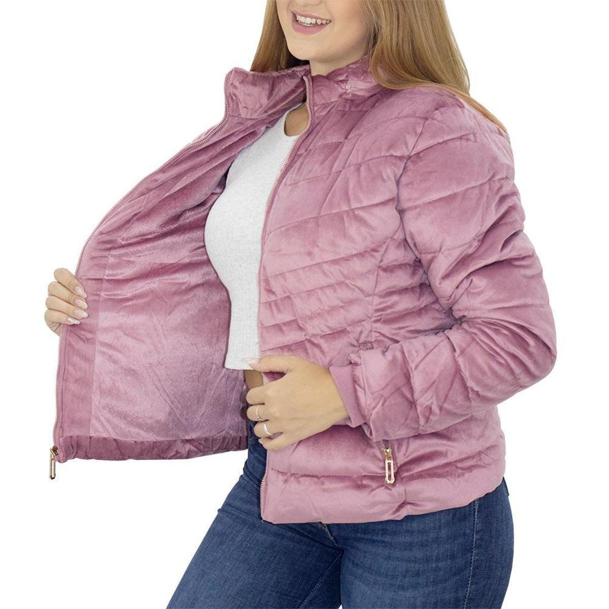 Jaqueta Puffer em Veludo com Capuz Removível Feminina Blue Rose ...