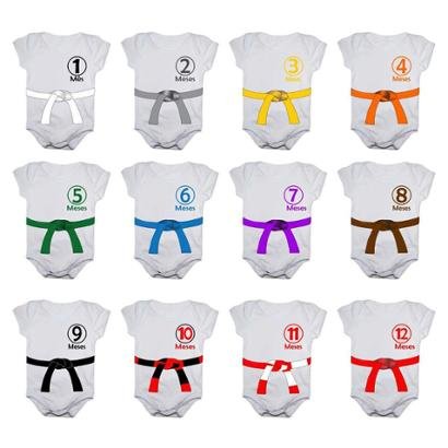 Kit 12 Body Bebê Calupa Mesversario Manga Curta Jiu Jitsu Faixas 1 A 12 ...
