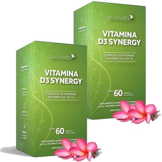 Kit 2x Vitamina D3 Synergy 2000ui + A + K2 - 60 Caps - Pura Vida ...
