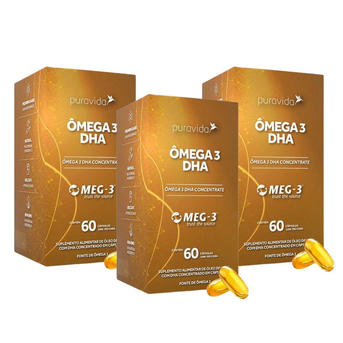 Kit 3 Ômega 3 EPA DHA Pura Vida 180 cápsulas Original Alta qualidade - Amarelo | Netshoes
