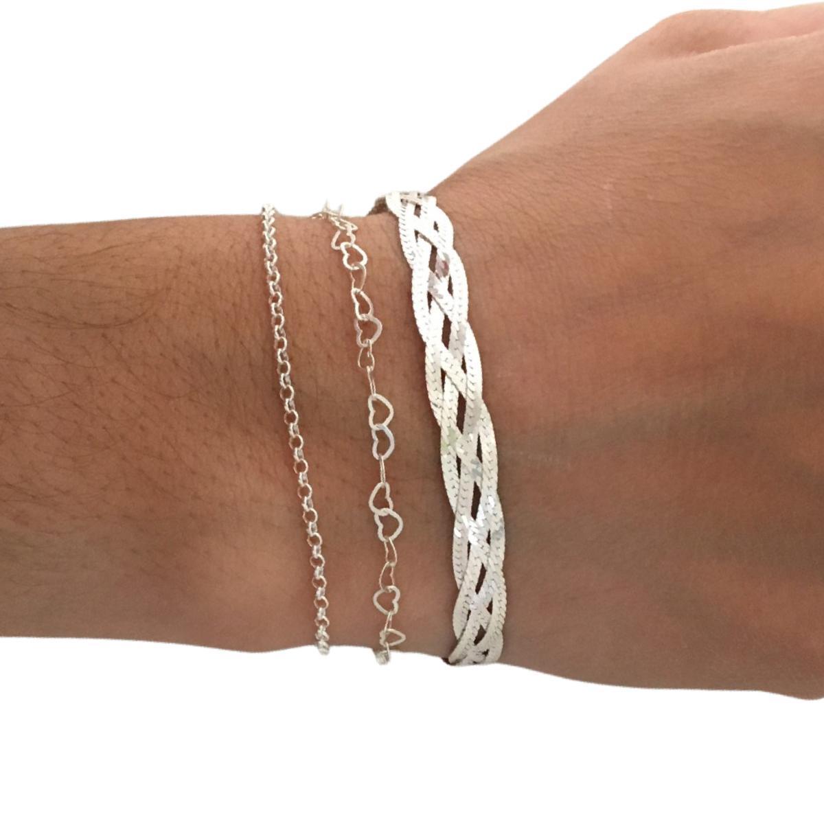 Kit 3 Pulseiras Femininas de Prata 925 Elo Coração + Laminada 4 Fios e ...