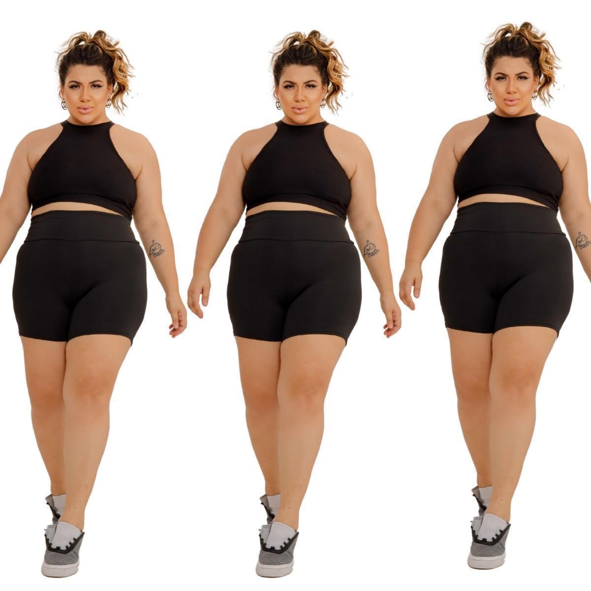 Kit 3 Shorts Academia Plus Size Poliéster Elastano Feminino - Preto ...
