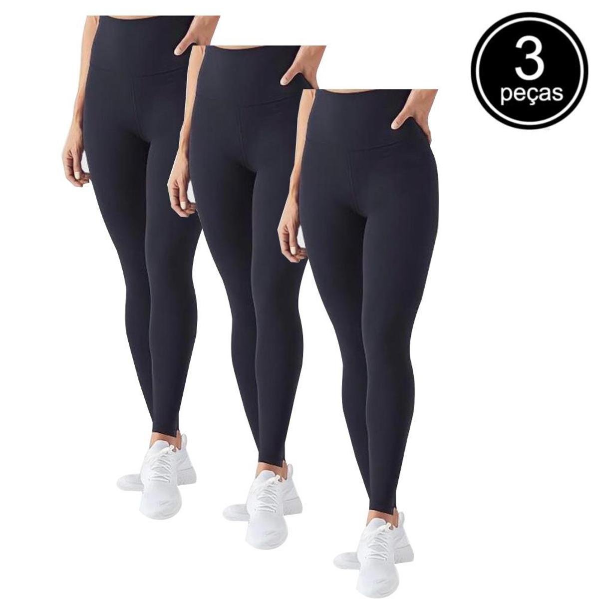 Kit Com 3 Leggings Suplex Preta Lisa Cós Alto - Preto | Netshoes