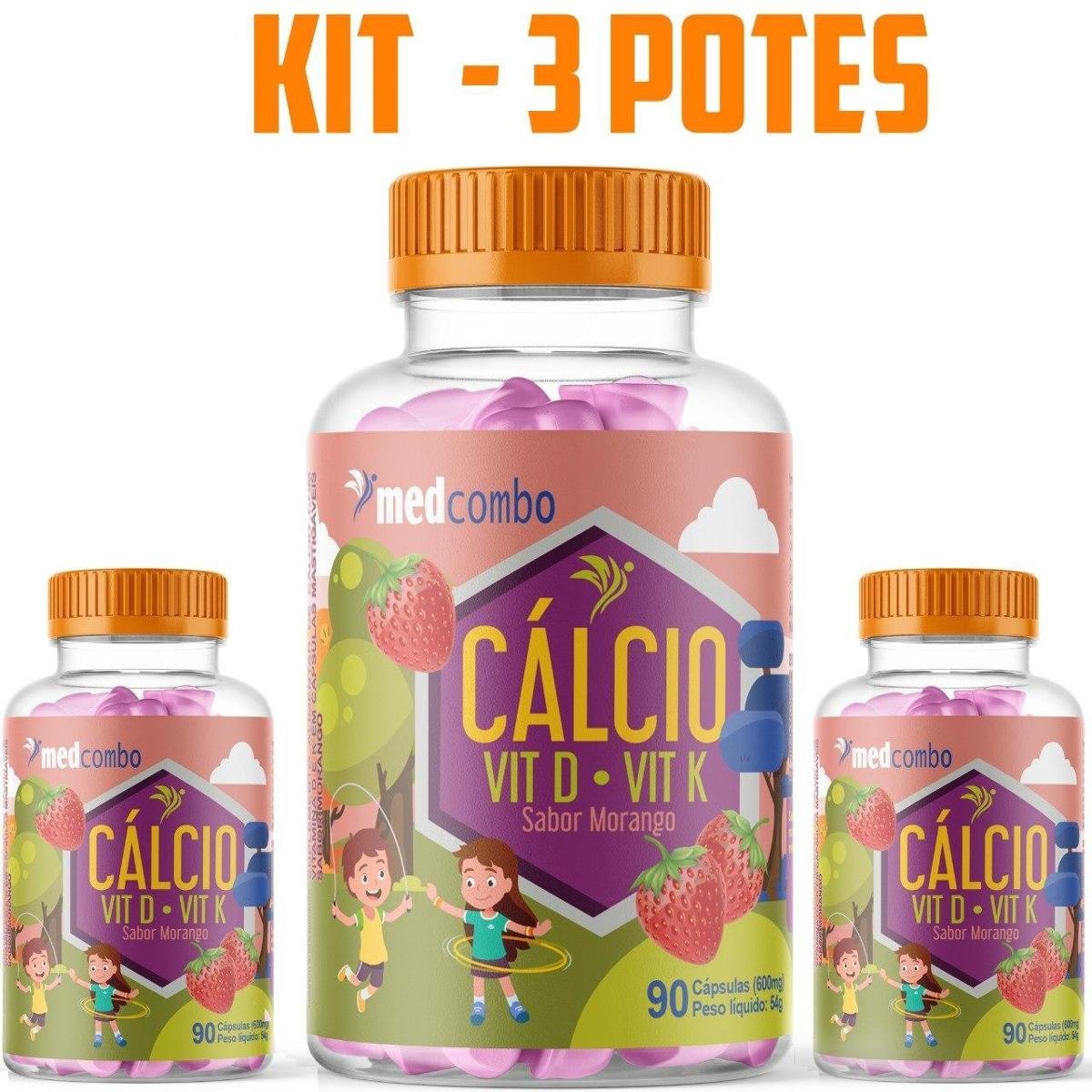 Kit Com 3 Potes Cálcio Kids 90 Capsulas Sabor Morango 600mg Medcombo ...