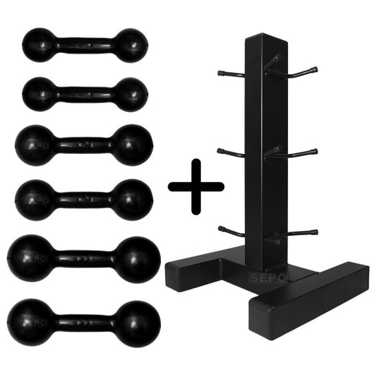 Kit Halteres Emborrachados Preto Pares de 1Kg 2Kg e 3Kg com Suporte de ...