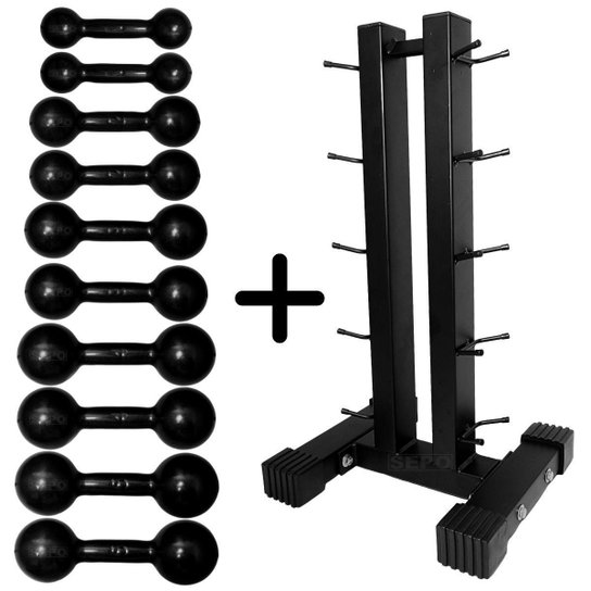 Kit Halteres Emborrachados Preto Pares de 1Kg ao 5Kg com Suporte de ...