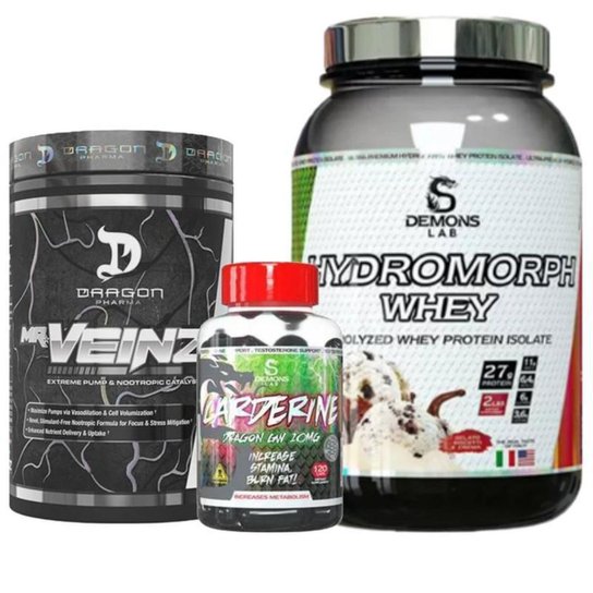 kit hydromorph whey 900g demons lab + mr. veinz dragon pharma + carderine demons lab | Netshoes