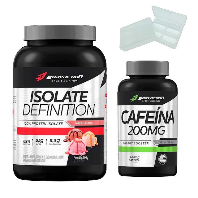 KIT ISOLATE DEFINITION 900G + CAFEÍNA 200MG 30 CAPS BODY ACTION + PORTA ...
