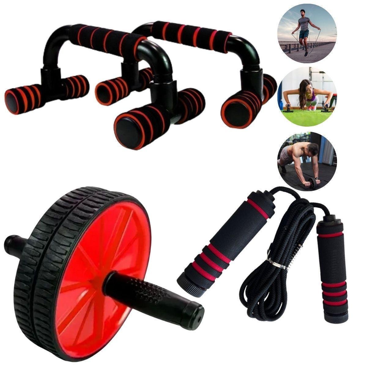 Kit Roda Abdominal Barra De Flexão Corda De Pular Exercício - Vermelho ...