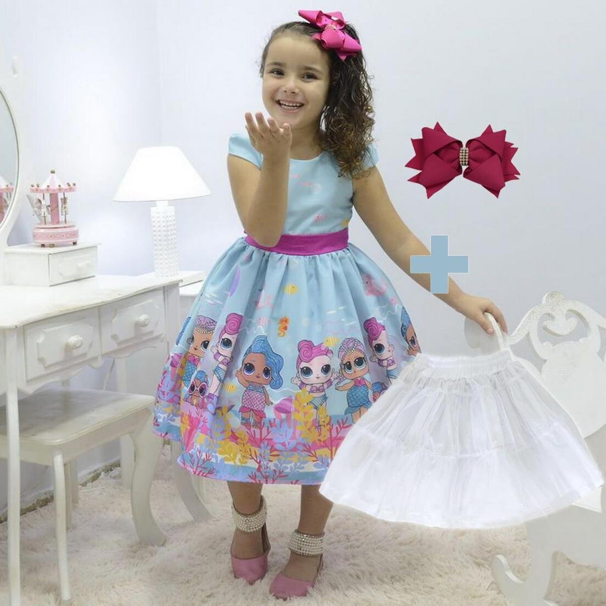 Kit Vestido Infantil Tema Lol Sereia + laço cabelo + saia de filó ...