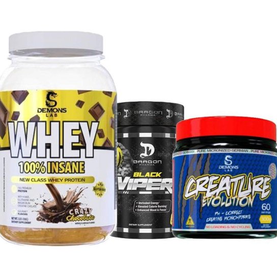 kit whey 100% insane demons lab + black viper + creatina creature ...