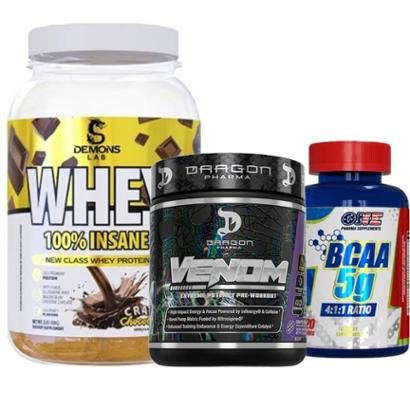 KIT WHEY PROTEIN 100% INSANE 900G DEMONS + BCAA 120 TABLETS ONE + VENOM ...