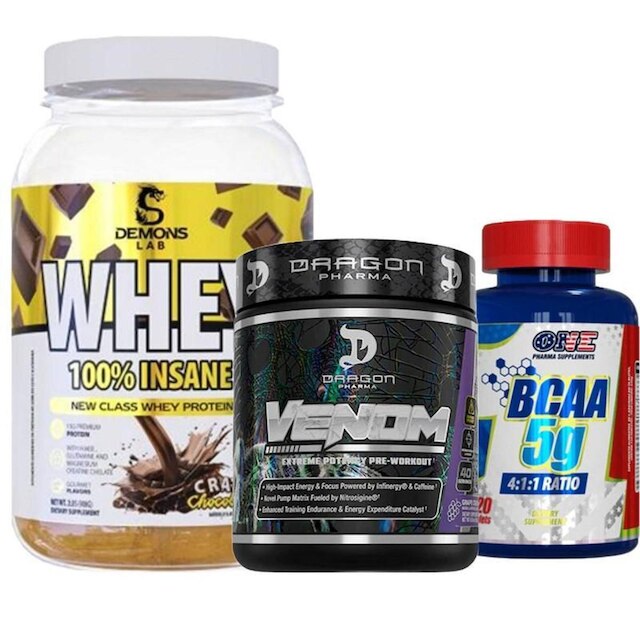 KIT WHEY PROTEIN 100% INSANE 900G DEMONS + BCAA 120 TABLETS ONE + VENOM ...