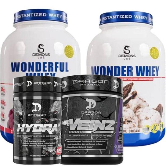 KIT WONDER WHEY 900G + WONDERFUL WHEY 900G + PRÓ HORMONAL HYDRA DRAGON + PRÉ TREINO MR. VEINZ ...