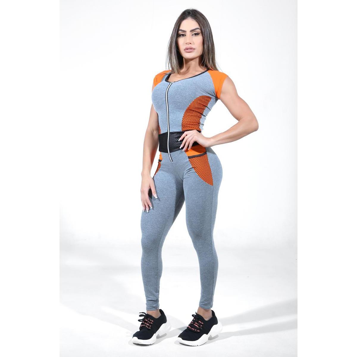 Macacão Fitness Soleil Mescla preto coral Dynamite - Cinza | Netshoes